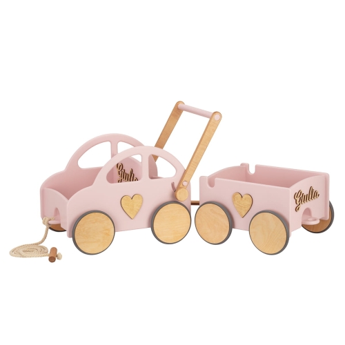 Wooden Push & Pull Toy Car with Trailer - Powder Pink Baby Girl Car